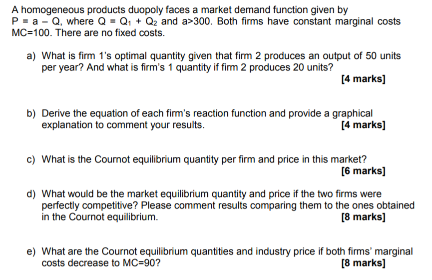 Solved A homogeneous products duopoly faces a market demand | Chegg.com