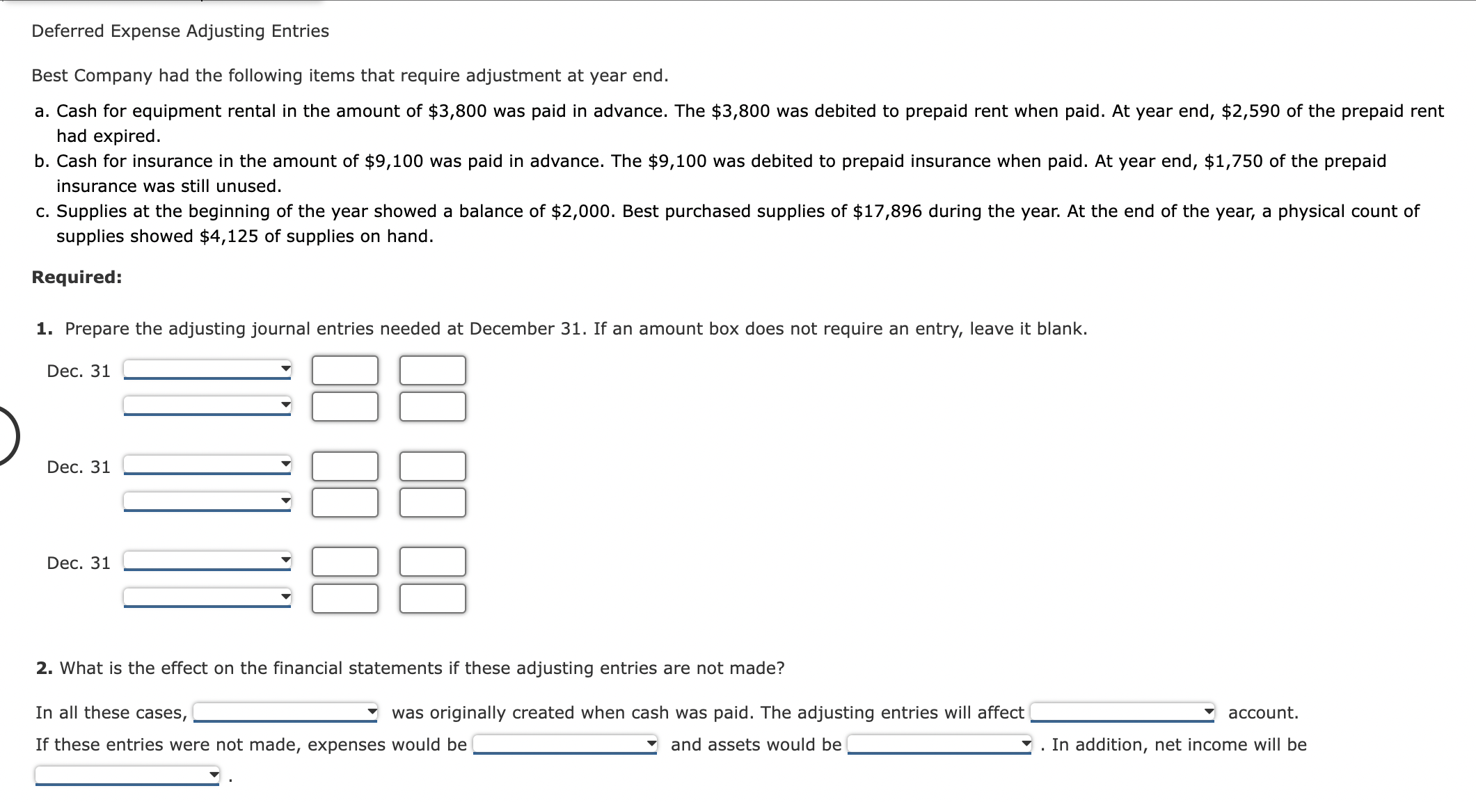 Solved Deferred Expense Adjusting Entries Best Company had | Chegg.com
