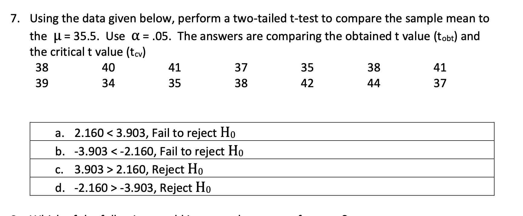 Solved 7. Using the data given below, perform a two-tailed | Chegg.com