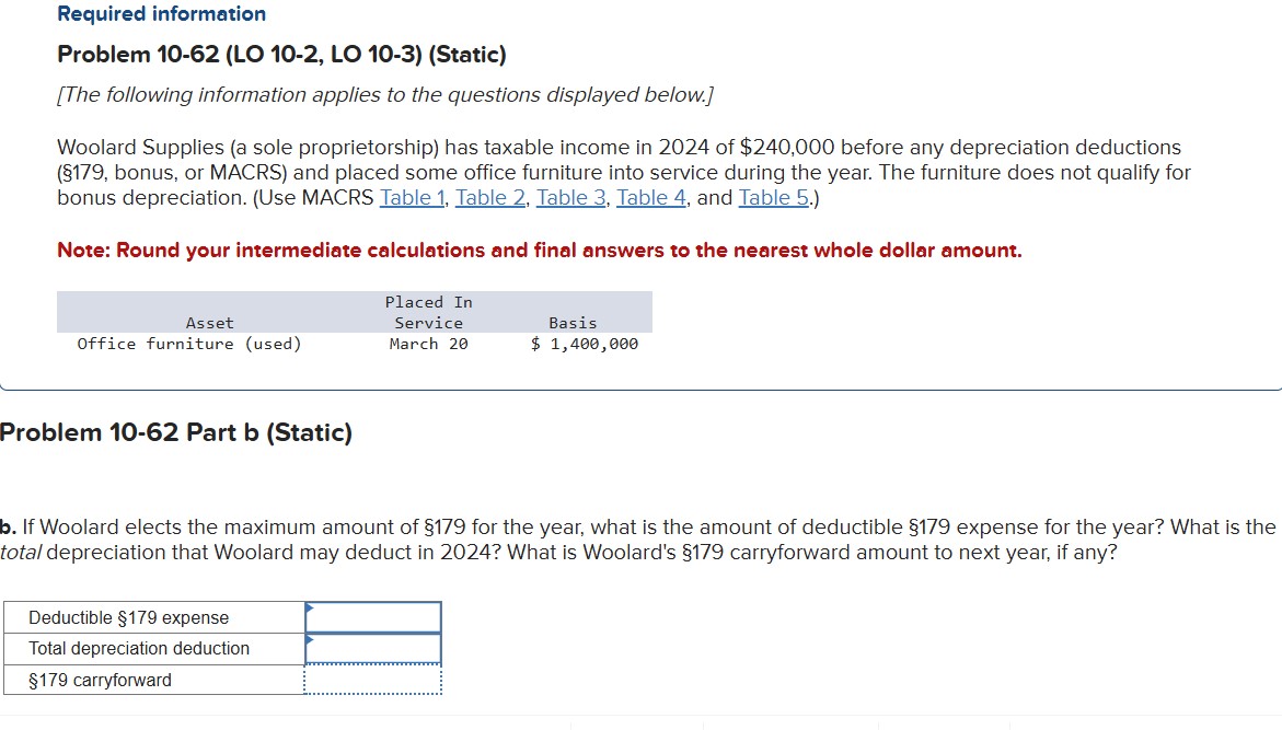 Solved Required informationProblem 10-62 (LO 10-2, ﻿LO | Chegg.com