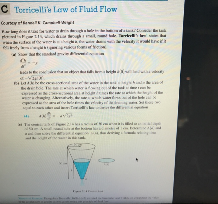 Solved C Torricelli's Law of Fluid Flow Courtesy of Randall | Chegg.com