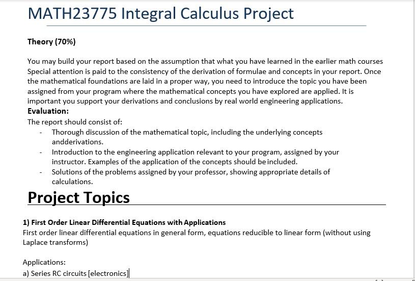Solved MATH23775 Integral Calculus Project Theory (70%) You | Chegg.com