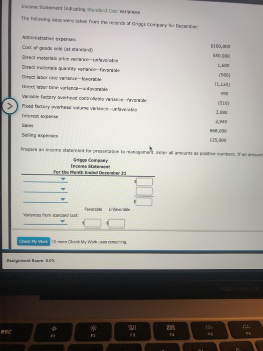 Solved Income Statement Indicating Standard Cost Variances | Chegg.com
