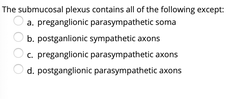 Solved The submucosal plexus contains all of the following | Chegg.com
