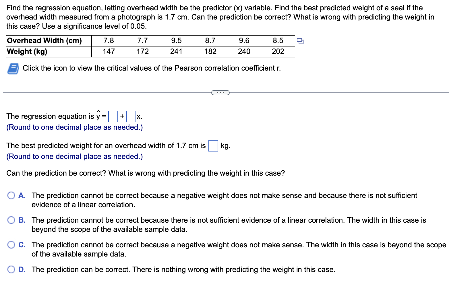 Solved Find the regression equation, letting overhead width | Chegg.com