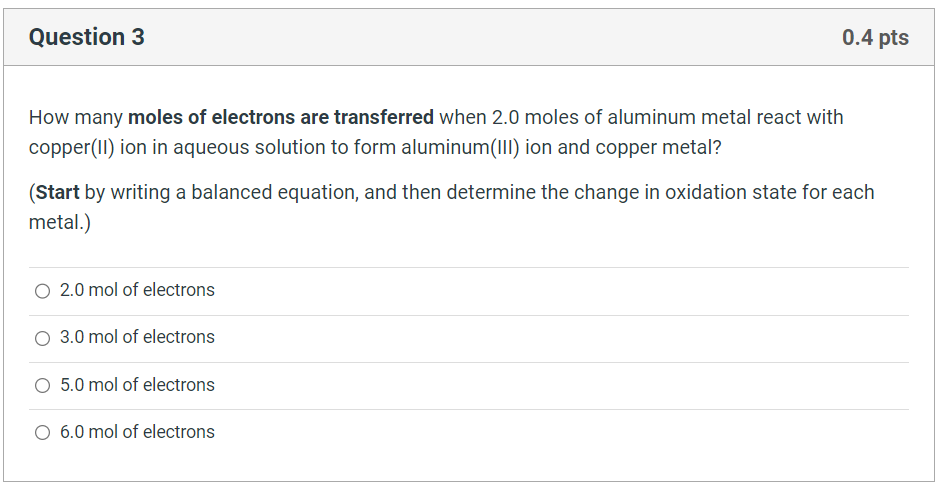 How many moles of electrons are transferred when 2.0 | Chegg.com