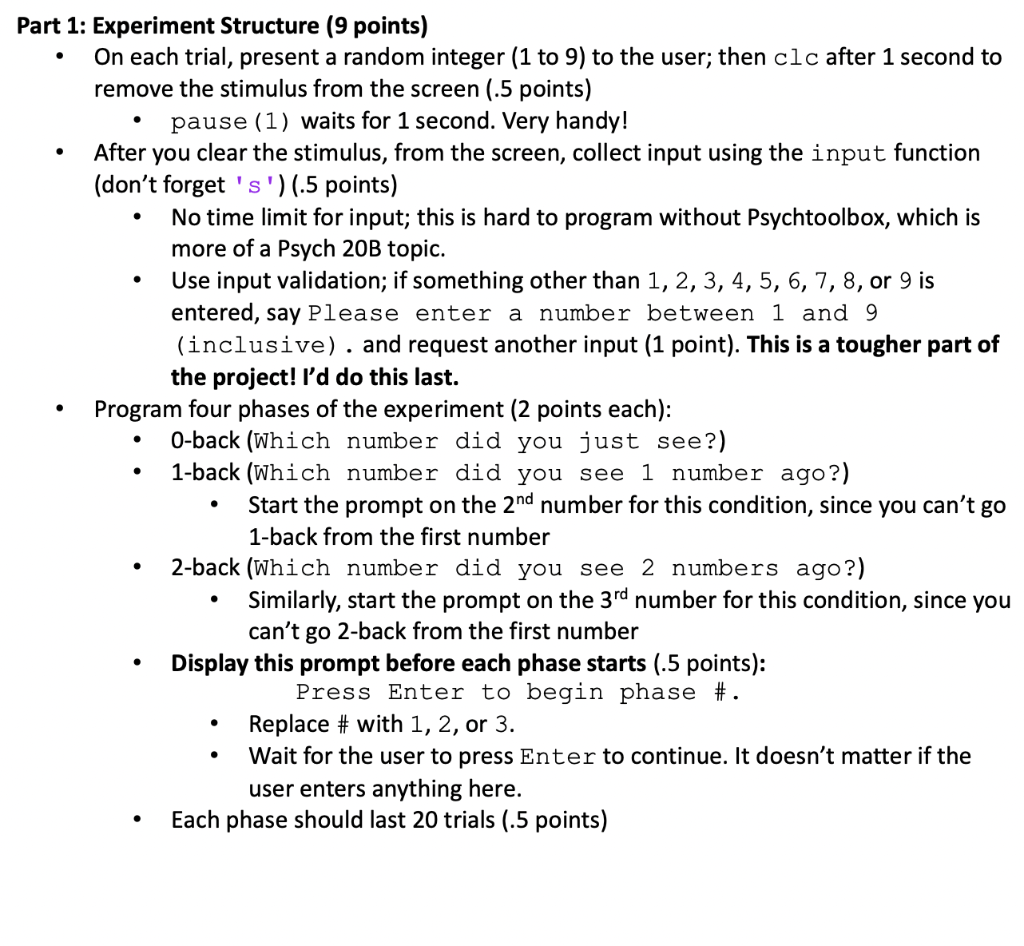 Solved art 1: Experiment Structure ( 9 points) - On each | Chegg.com