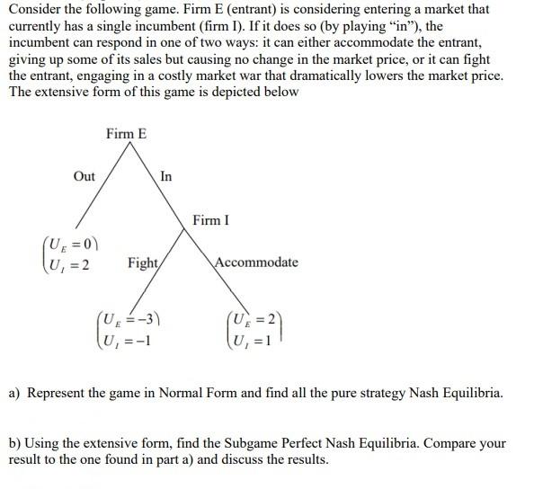 Solved Consider the following game. Firm E (entrant) is | Chegg.com