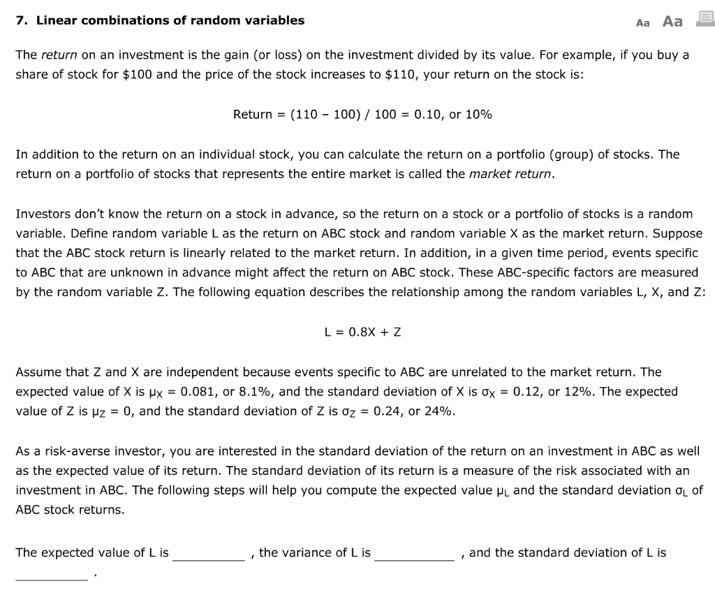 Solved 7. Linear combinations of random variables Aa AE The | Chegg.com