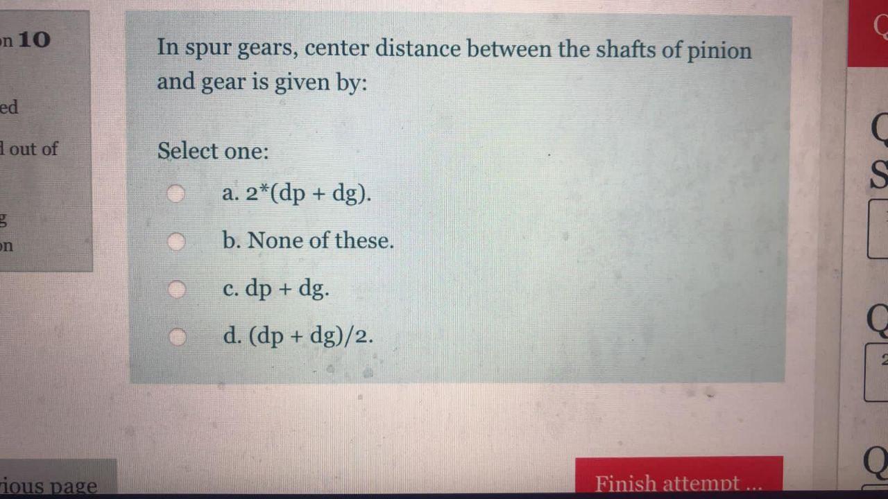 Solved C n 10 In spur gears, center distance between the | Chegg.com