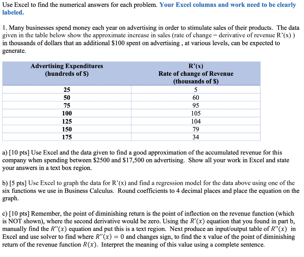 Use Excel to find the numerical answers for each | Chegg.com