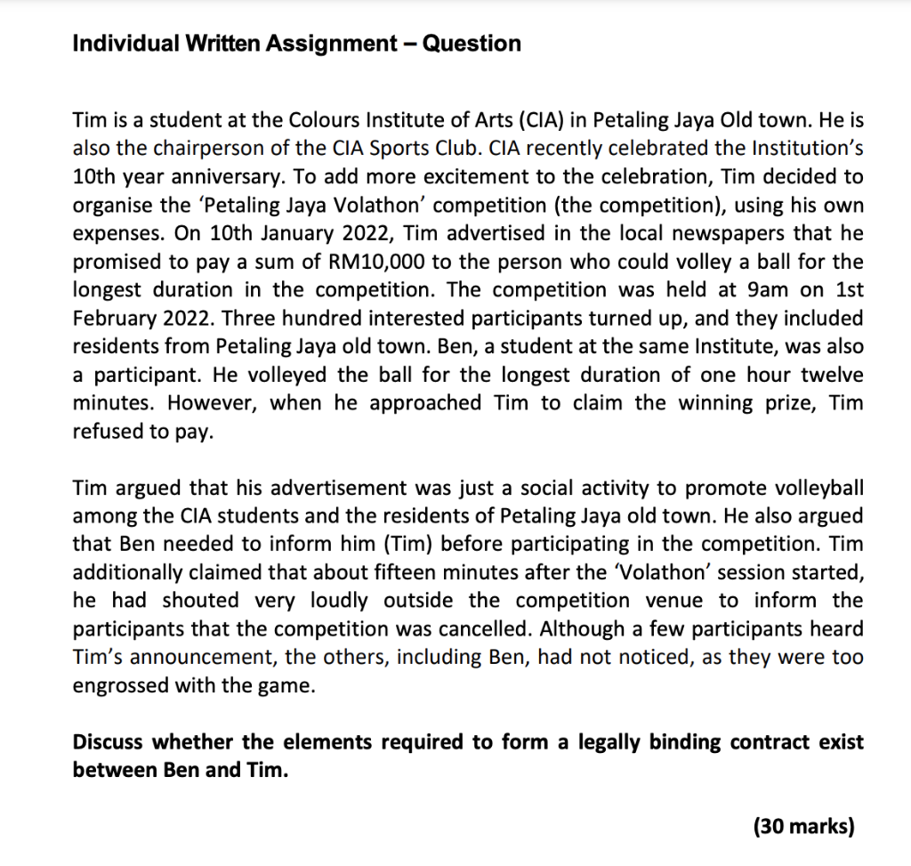 Solved Individual Written Assignment - Question Tim is a | Chegg.com