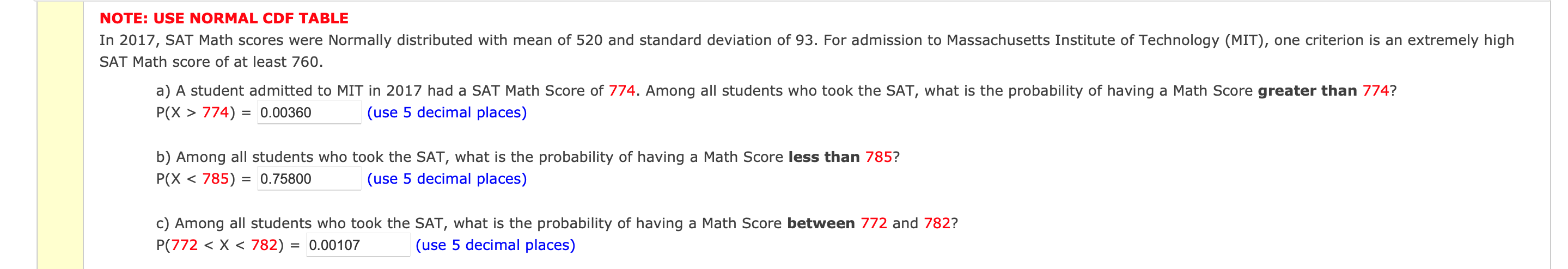 Solved NOTE: USE NORMAL CDF TABLE SAT Math score of at least | Chegg.com