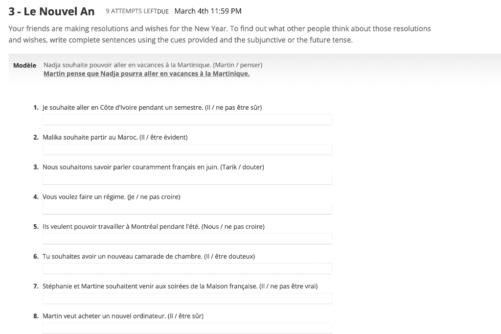 3 - Le Nouvel An 9 ATTEMPTS LEFTDUE March 4th 11:59 | Chegg.com