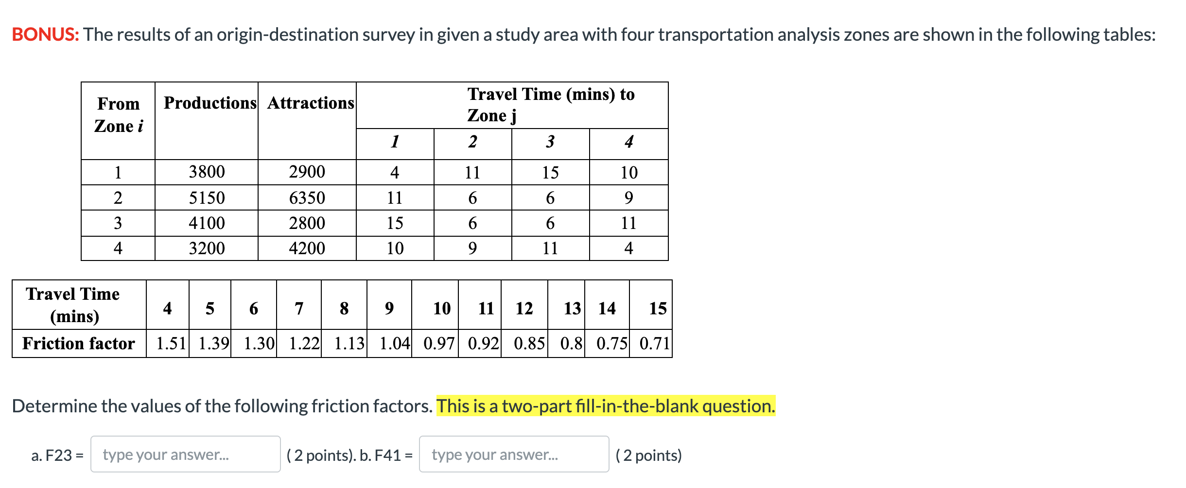 Solved BONUS: The results of an origin-destination survey in | Chegg.com