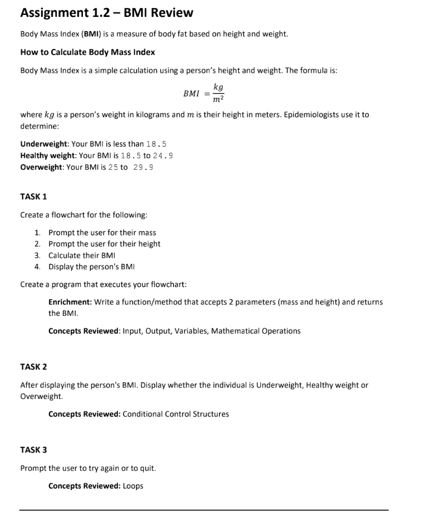 Solved Assignment 1.2 - BMI Review Body Mass Index (BMI) is | Chegg.com
