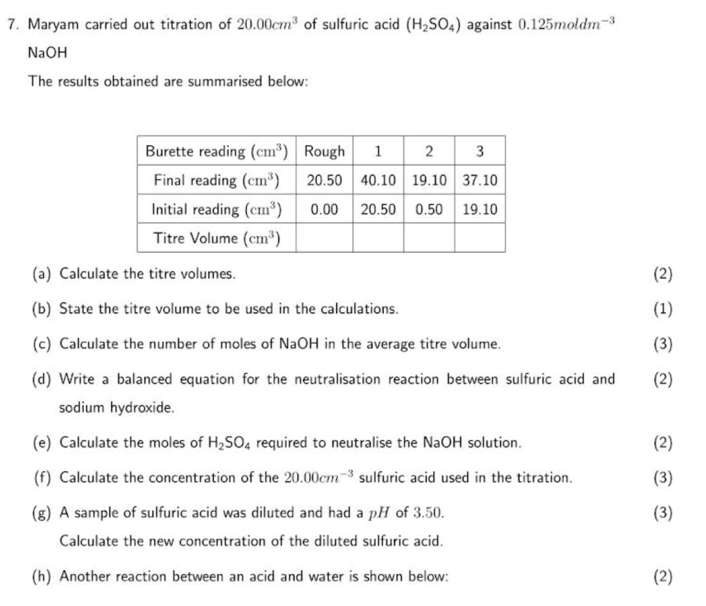 7. Maryam carried out titration of 20.00 cm3 of | Chegg.com