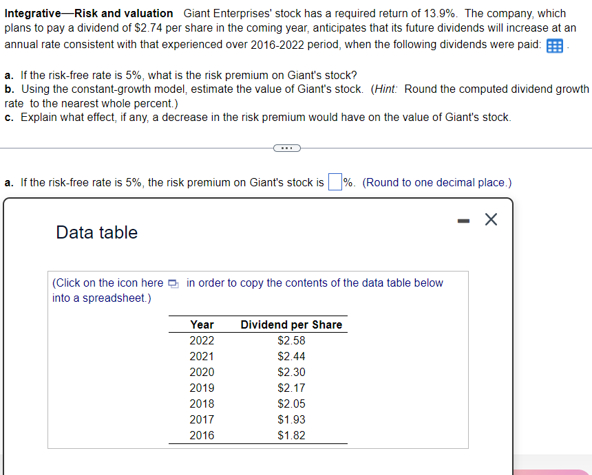 Solved Integrative-Risk and valuation Giant Enterprises' | Chegg.com