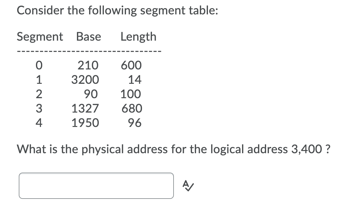 Solved Consider the following segment table: Segment Base | Chegg.com