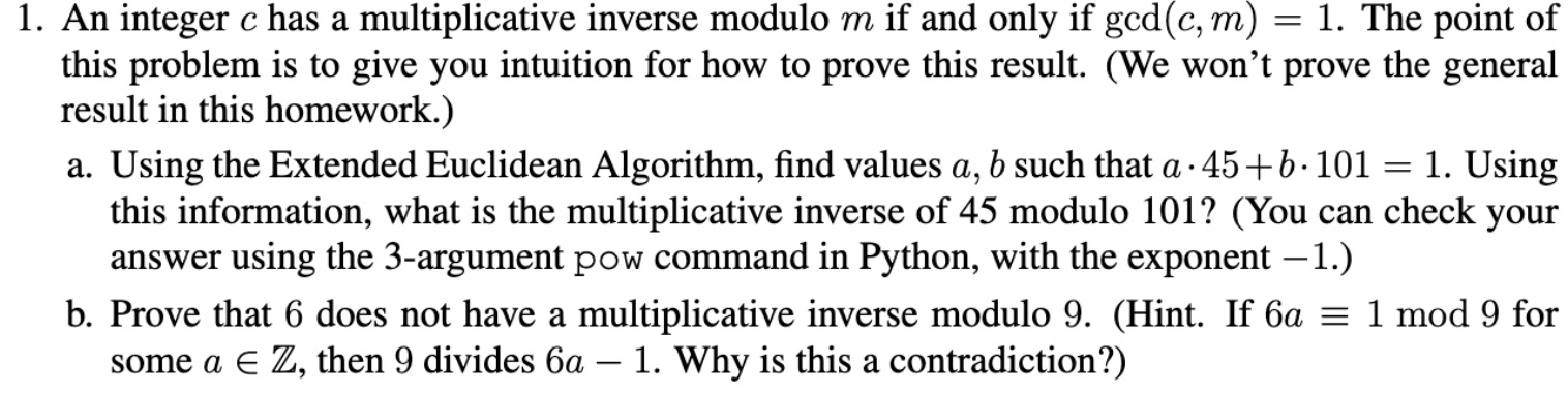 Solved 1. An integer c has a multiplicative inverse modulo m | Chegg.com