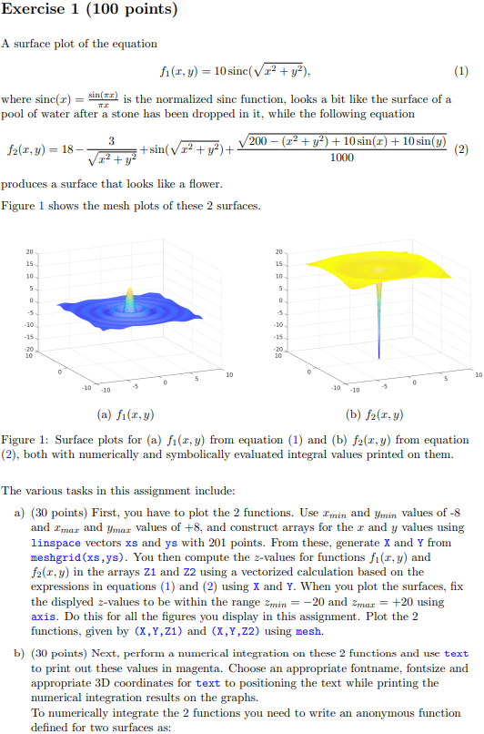 Solved Exercise 1 (100 points) A surface plot of the | Chegg.com