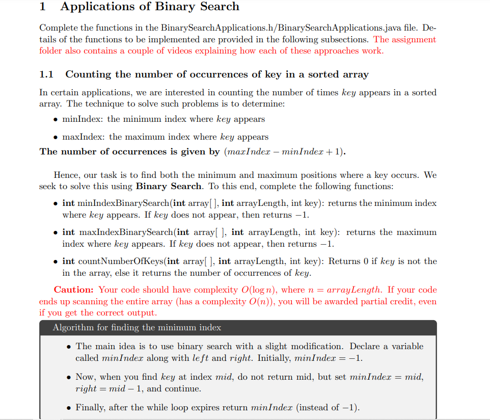Solved 1 Applications of Binary Search Complete the | Chegg.com
