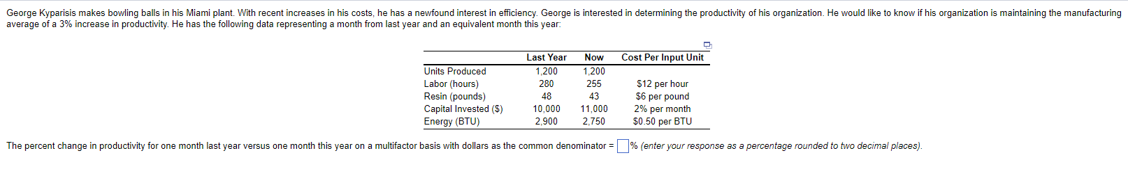 Solved The percent change in productivity for one month last | Chegg.com