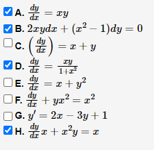 Solved dxdy=xy2xydx+(x2−1)dy=0(dxdy)=x+ydxdy=1+x2xydxdy=x+y2 | Chegg.com
