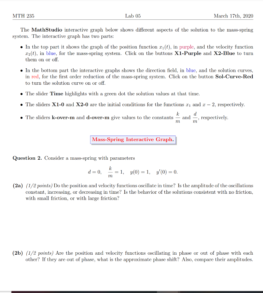 Springs as First Order Systems The mass-spring | Chegg.com
