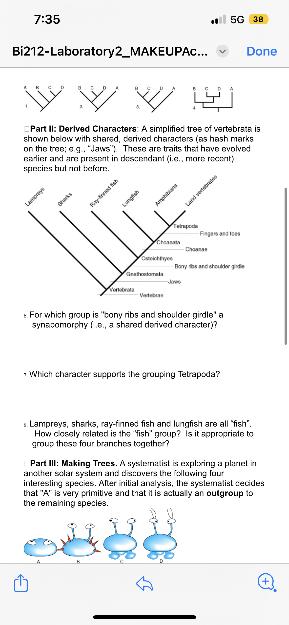 Solved Part II: Derived Characters: A simplified tree of | Chegg.com