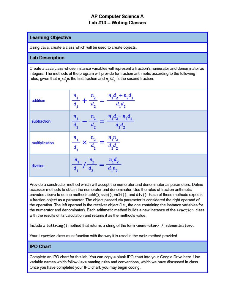 Solved AP Computer Science A Lab \#13 -- Writing Classes | Chegg.com