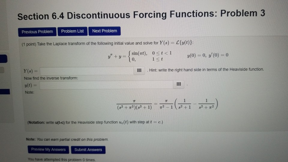 Solved Section 6.4 Discontinuous Forcing Functions: Problem | Chegg.com
