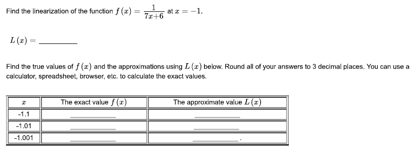 Solved Find the linearization of the function f(x) 1 at x = | Chegg.com
