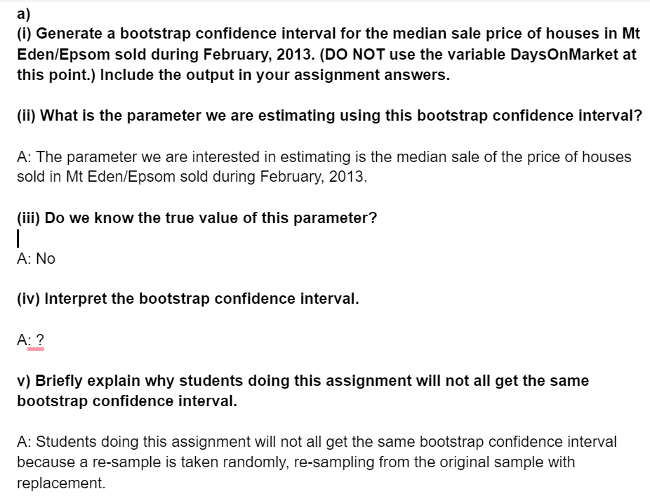 Question 3 (continued) (a) (i) Generate a bootstrap | Chegg.com