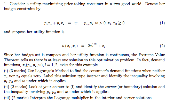 Solved 1. Consider a utility-maximizing price-taking | Chegg.com