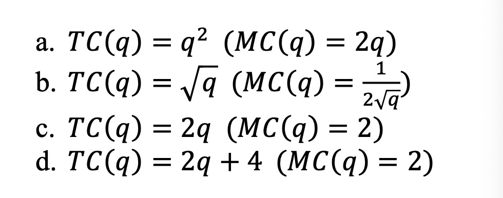 Solved For each of the following total cost curves, | Chegg.com