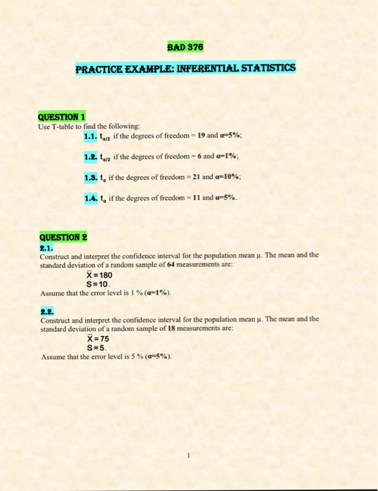 Solved BAD 376 PRACTICE EXAMPLE: INFERENTIAL STATISTICS | Chegg.com