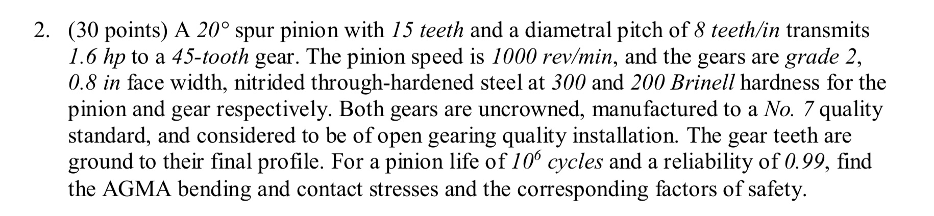 Solved 2. (30 points) A 20° spur pinion with 15 teeth and a | Chegg.com