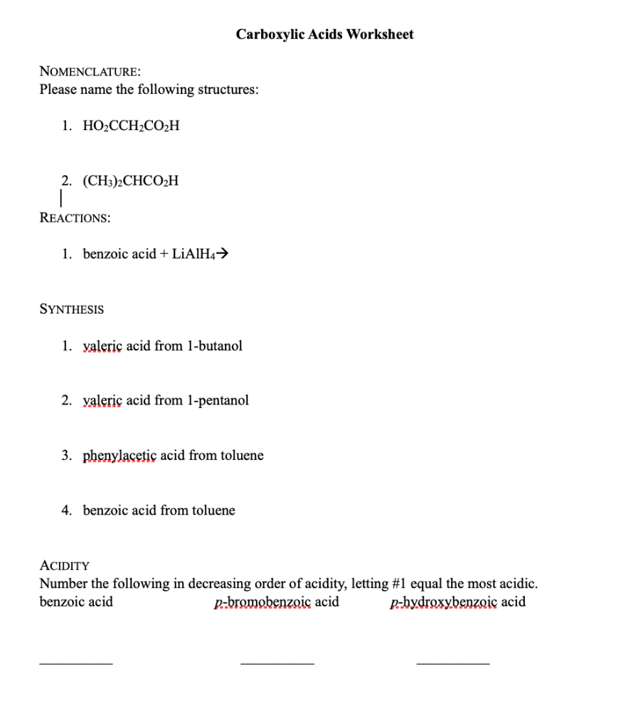 Solved Carboxylic Acids Worksheet NOMENCLATURE Please name | Chegg.com