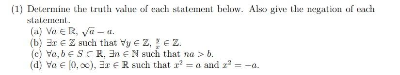 Solved (1) Determine the truth value of each statement | Chegg.com