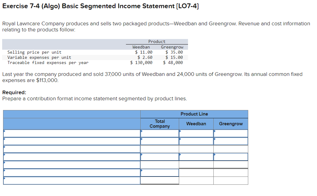 Solved Exercise 7-4 (Algo) Basic Segmented Income Statement | Chegg.com