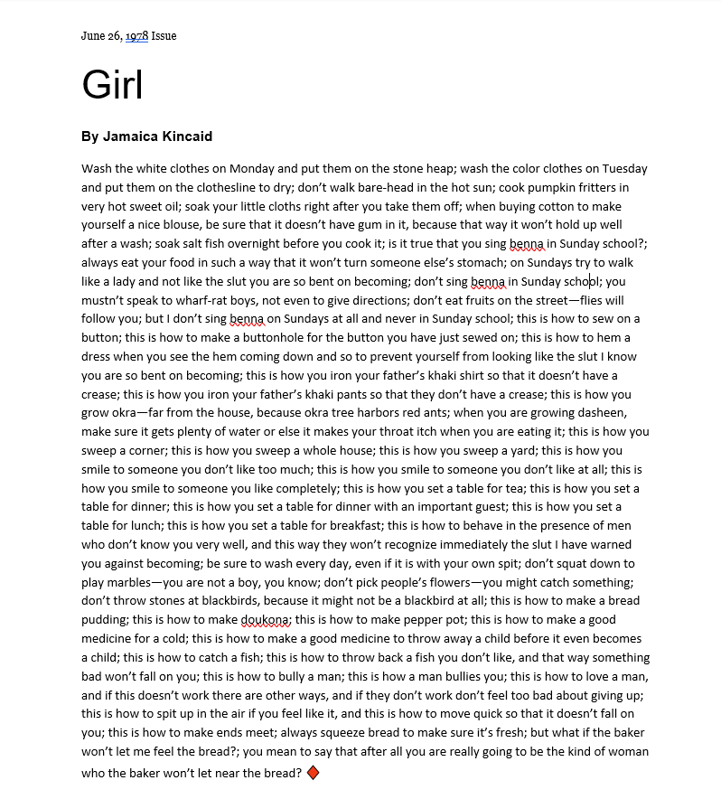 June 26, 1978 Issue Girl By Jamaica Kincaid Wash | Chegg.com