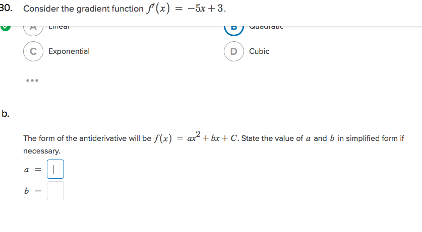 Solved 30. Consider the gradient function f,(x)=-5x+3. C | Chegg.com