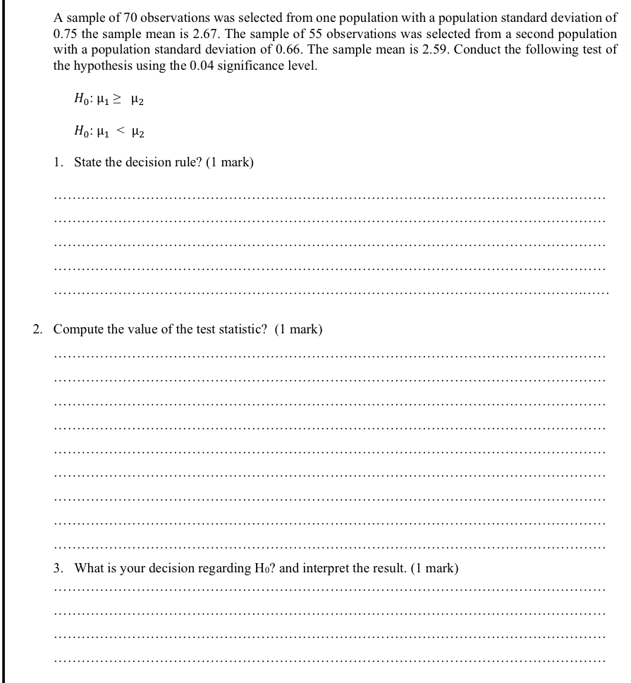 Solved A sample of 70 ﻿observations was selected from one | Chegg.com