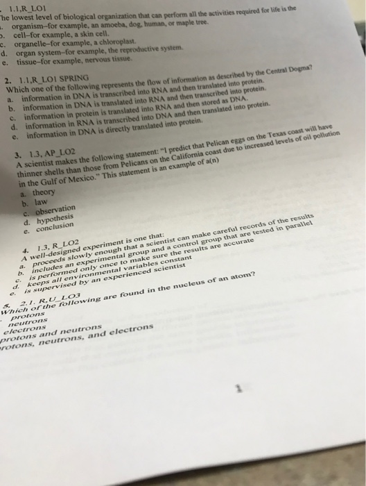 Solved 1.1,R LO1 he lowest level of biological organization | Chegg.com