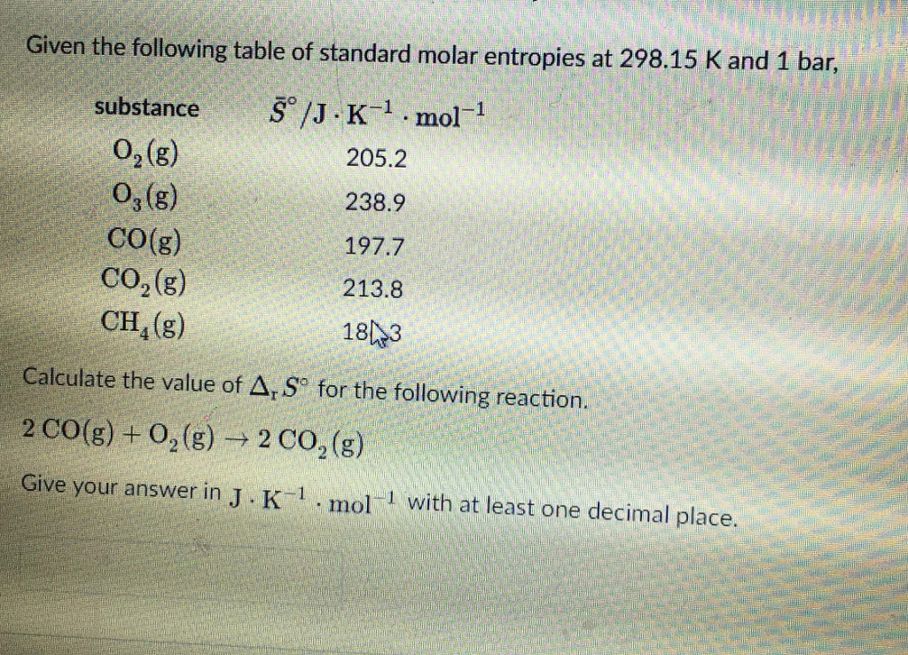 Solved Given the following table of standard molar entropies | Chegg.com