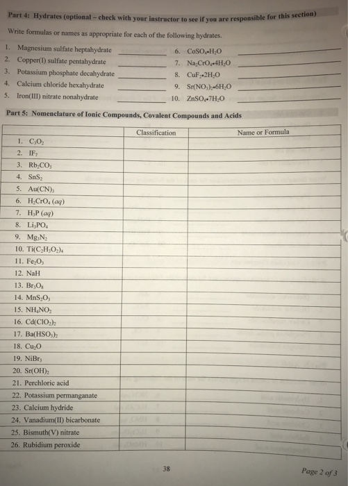 Solved Chemical Nomenclature Write the names and formulas | Chegg.com