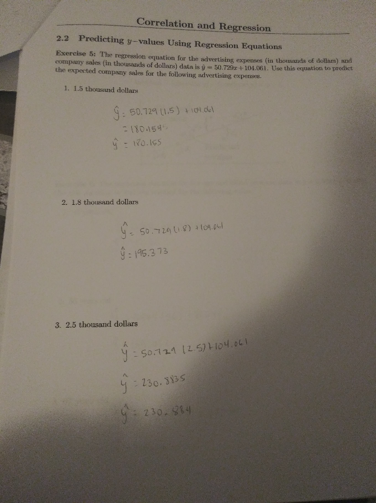 Solved Correlation and Regression 2.2 Predicting y-values | Chegg.com