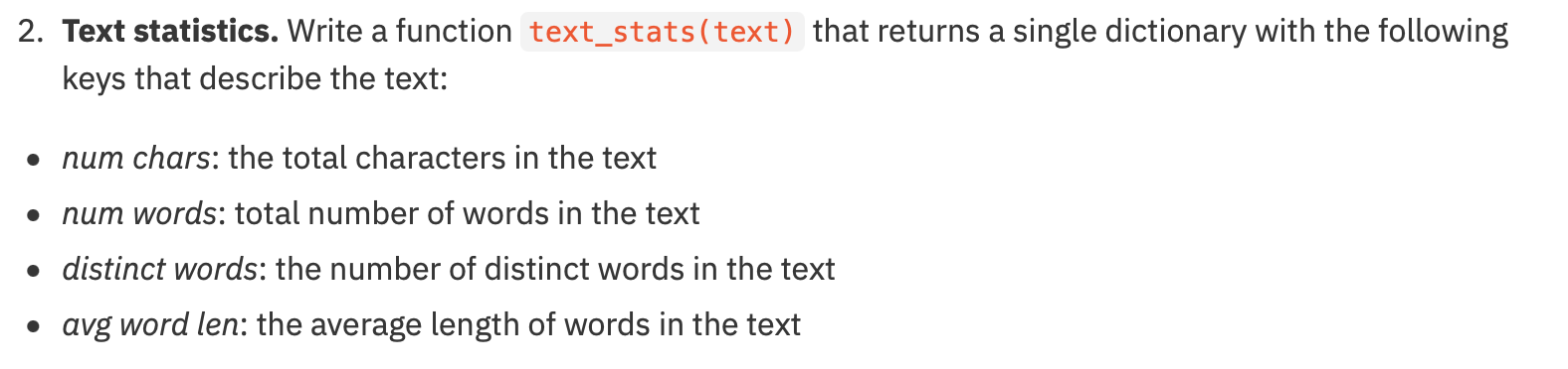 Solved 2. Text statistics. Write a function text_stats | Chegg.com