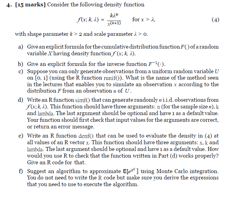 Solved 4. [15 marks] Consider the following density function | Chegg.com